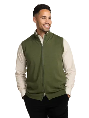 PAUL FREDRICK Cotton Full Zip Mock Neck Vest - Olive
