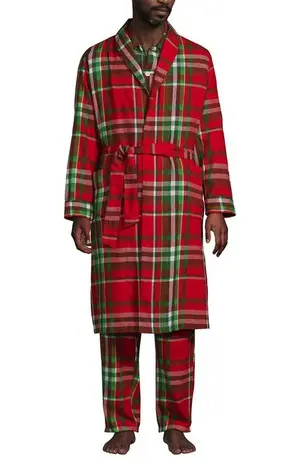 LANDS' END Flannel 3 Piece Pajama Set Compass Red/emerald Plaid