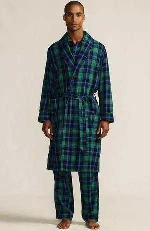 LANDS' END Flannel 3 Piece Pajama Set - Light Emerald Blackwatch