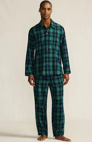 LANDS' END Flannel 3 Piece Pajama Set - Light Emerald Blackwatch