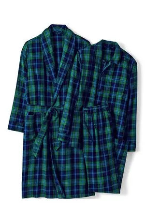 LANDS' END Flannel 3 Piece Pajama Set - Light Emerald Blackwatch