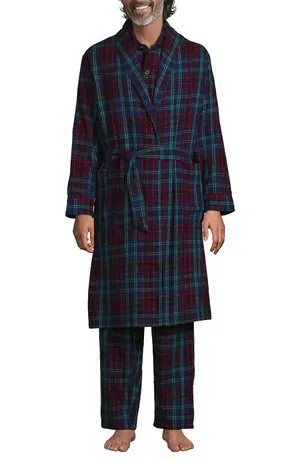 LANDS' END Flannel 3 Piece Pajama Set Navy Multi Plaid