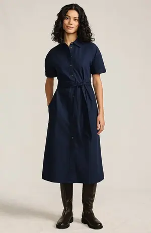 LANDS' END Cotton Poplin Button-front Midi Dress