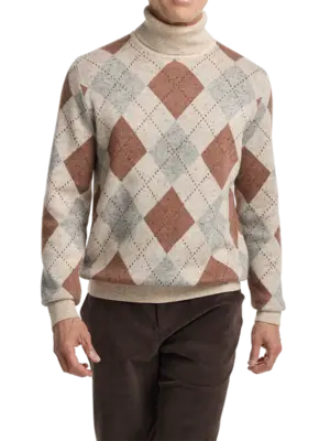 PAUL FREDRICK Long Sleeve Donegal Turtleneck Pullover - Ivory Multi