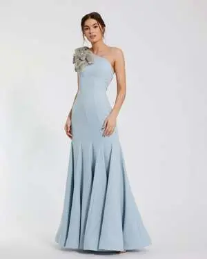 Mac Duggal Petite Crepe One-shoulder Mermaid Gown With Embellished Flower - Blue