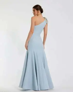 Mac Duggal Petite Crepe One-shoulder Mermaid Gown With Embellished Flower - Blue