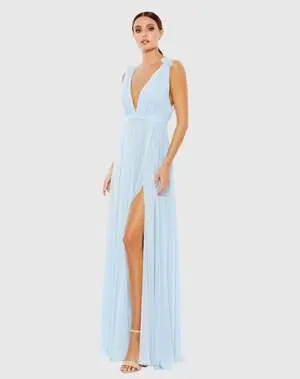 Mac Duggal Petite Pleated Chiffon Sleeveless V-neck Gown - Blue