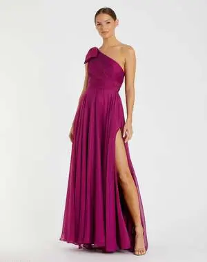 Mac Duggal Petite Sleeveless One Shoulder Pleated Gown - Purple