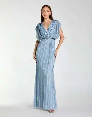 Mac Duggal Embellished Blouson V-neck Column Gown - Blue