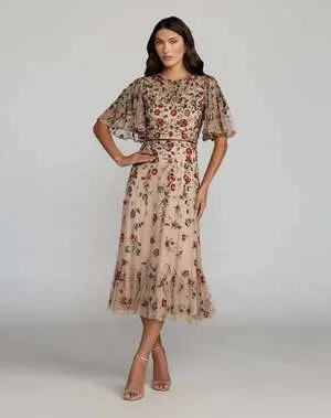 Mac Duggal Floral Embellished Flutter Sleeve Midi Dress - Neutral