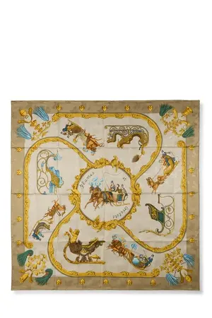Hermès Multicolor 'plumes Et Grelots' Silk Scarf 90 - Beige