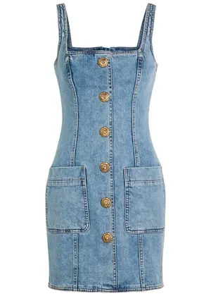 Balmain Button-embellished Stretch-denim Mini Dress