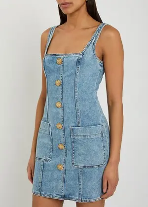 Balmain Button-embellished Stretch-denim Mini Dress