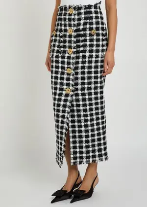 Balmain Checked Tweed Midi Skirt