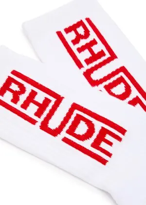 Rhude Champions Logo Stretch-cotton Socks - White And Red