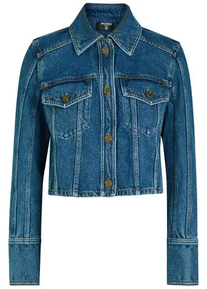 Balmain Cropped Denim Jacket - Dark Blue