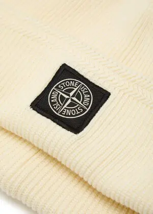 Stone Island Compass Logo Ribbed Cotton-knit Beanie - Ivory