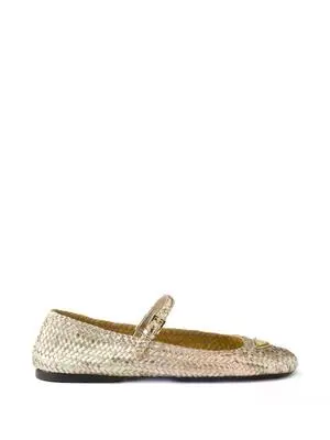 Prada Woven Leather Ballerinas With Buckle Detail - Gold