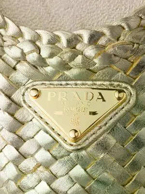 Prada Woven Leather Ballerinas With Buckle Detail - Gold