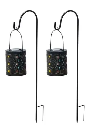 GLITZHOME Set Of 2 Metal Cutout Pattern Solar Powered Lantern With Led Light - Black