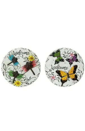 GLITZHOME Set Of 2 Cement Stepping Stones With Fluttering Butterflies And Dragonflies Pattern - White