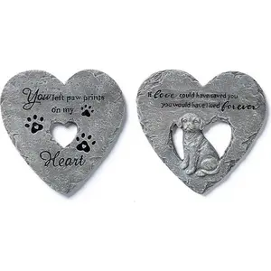 GLITZHOME Set Of 2 Cement Heart Shaped Paw Prints And Dog Memory Stepping Stones - Grey