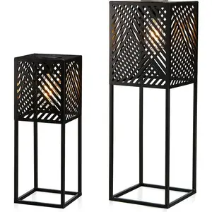 GLITZHOME Set Of 2 Metal Geometric Floor Solar Powered Outdoor Lanterns - Black