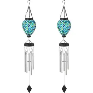 GLITZHOME Set Of 2 37"h Solar Lighted Metal And Glass Mosaic Windchime - Green