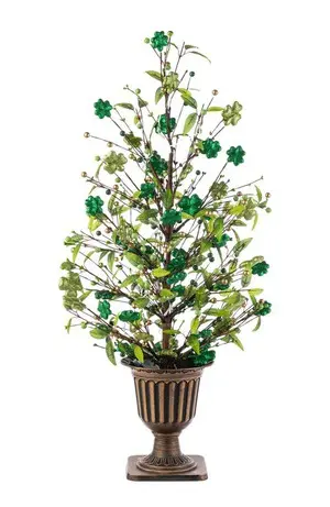 GLITZHOME 3ft Lighted St. Patrick's Shamrock Urn Porch Tree With Timer