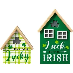 GLITZHOME Set Of 2 Lighted St. Patrick's Wooden House-shaped Table Decor - Green