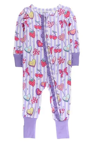 RUFFLEBUTTS Lolly Hearts Zip One-piece Pajamas - Purple