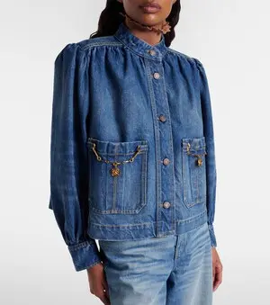 Chloé Gathered Embellished Denim Jacket - Blue
