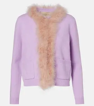 Valentino Garavani Feather-trimmed Virgin Wool Cardigan - Purple