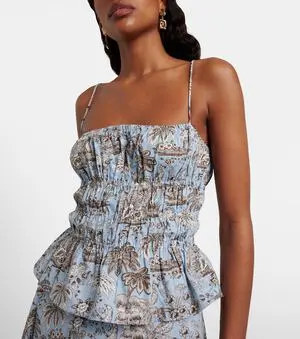 Staud Floral Ruched Cotton Top - Blue