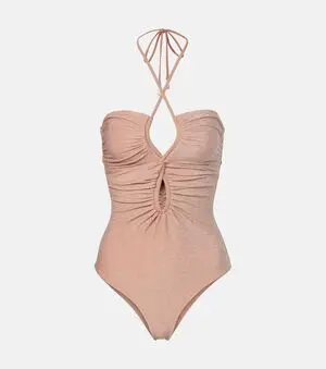 Johanna Ortiz Cutout Ruched Halterneck Lamé Swimsuit - Pink