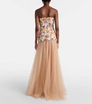 Costarellos Theia Floral-appliqué Sequined Tulle Gown - Beige