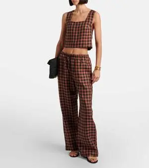 Asceno Checked Linen Wide-leg Pants - Brown