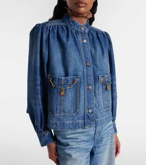 Chloé Gathered Embellished Denim Jacket - Blue