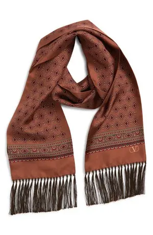 Valentino Garavani Medallion Print Silk Fringe Scarf - Light Hazelnut