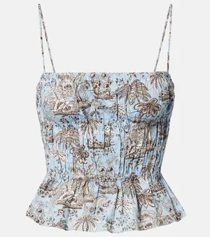 Staud Floral Ruched Cotton Top - Blue