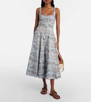 Staud Wells Floral Cotton Poplin Midi Dress - Blue