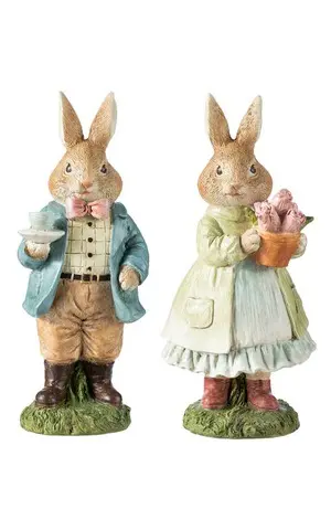 GLITZHOME Easter Resin Bunny Couple Table Decor With Coffee And Tulips - Brown