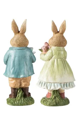 GLITZHOME Easter Resin Bunny Couple Table Decor With Coffee And Tulips