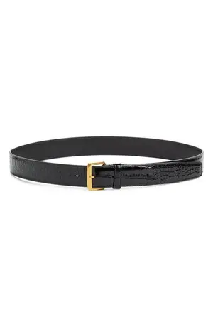 Saint Laurent Square Buckle Croc Embossed Leather Belt - Black
