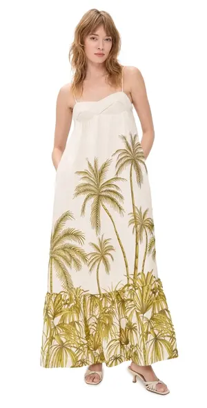 ANDRES OTALORA Sleeveless Sweetheart Neck Maxi Dress With Palm Tree Print And Ruffle Hem