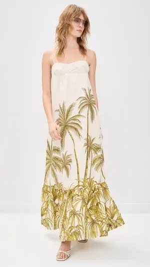 ANDRES OTALORA Sleeveless Sweetheart Neck Maxi Dress With Palm Tree Print And Ruffle Hem