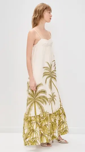 ANDRES OTALORA Sleeveless Sweetheart Neck Maxi Dress With Palm Tree Print And Ruffle Hem