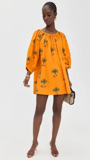 CONIGLIO PALM BEACH Shirred Half Placket Mini Dress - Petit Palm Orange