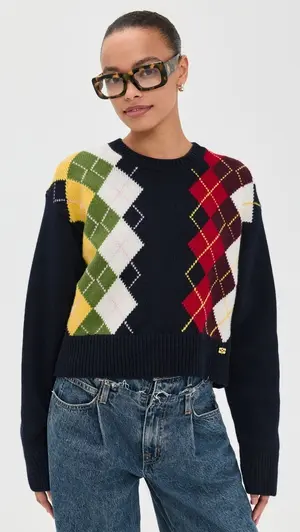 GANNI Chunky Wool Mix Argyle Knit Pullover - Sky Captain