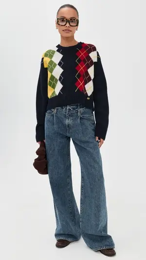 GANNI Chunky Wool Mix Argyle Knit Pullover - Sky Captain